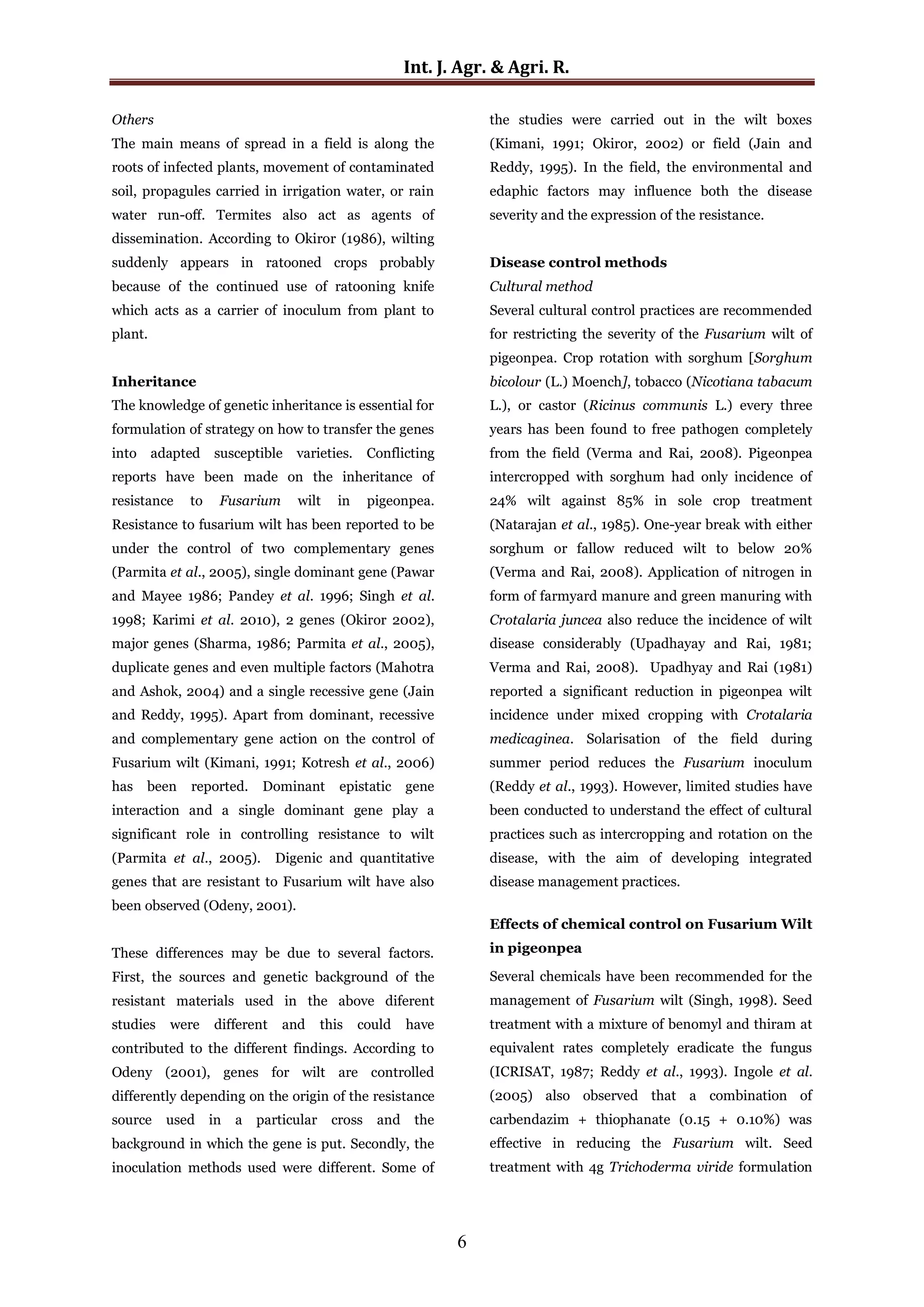 Importance and management of fusarium wilt (Fusarium udum Butler) of ...