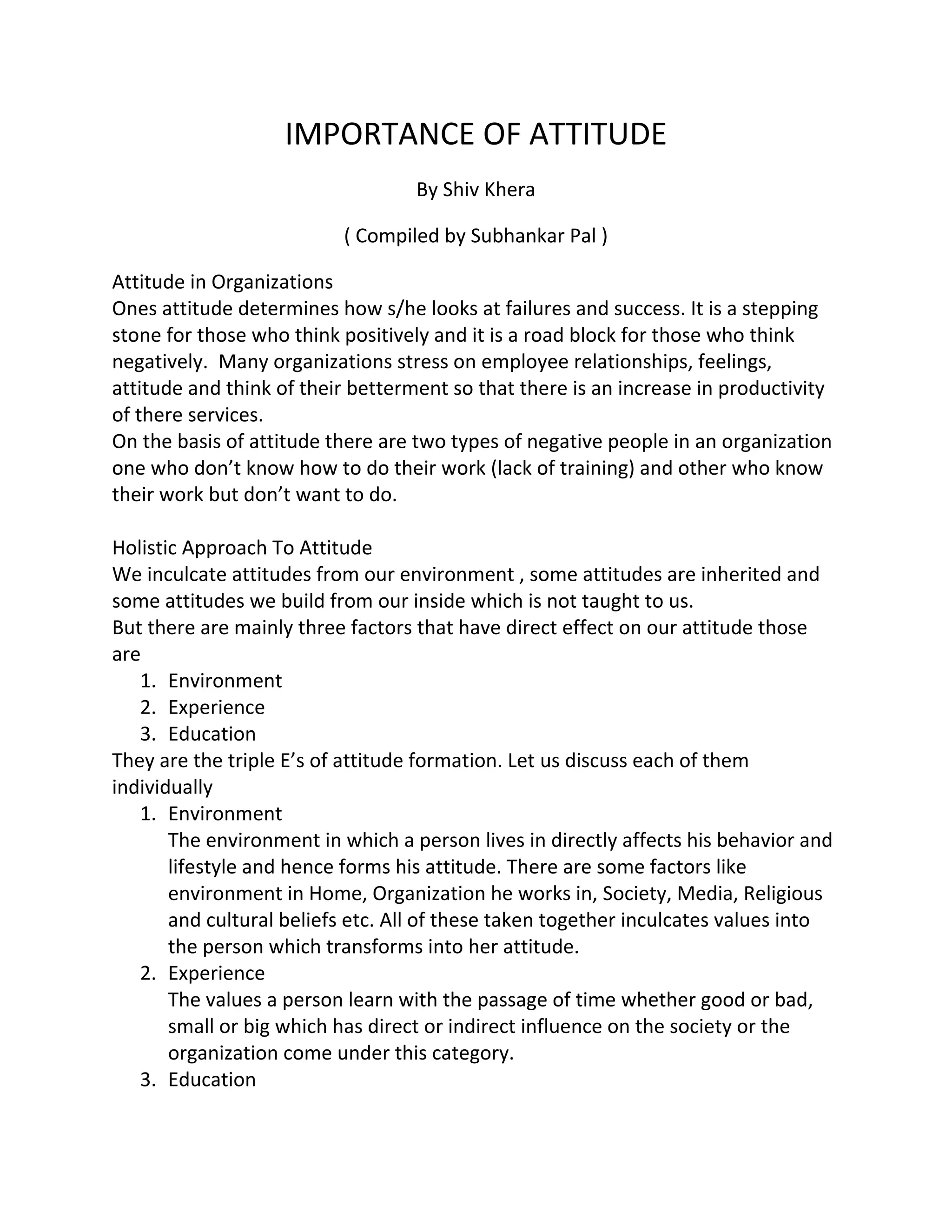 Importance of attitude By Shiv Khera | PDF