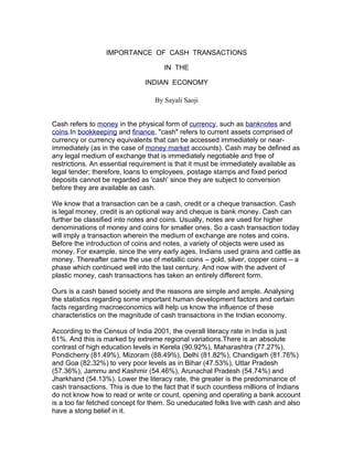 Importance Of Cash Transactions In The Indian Economy | DOC