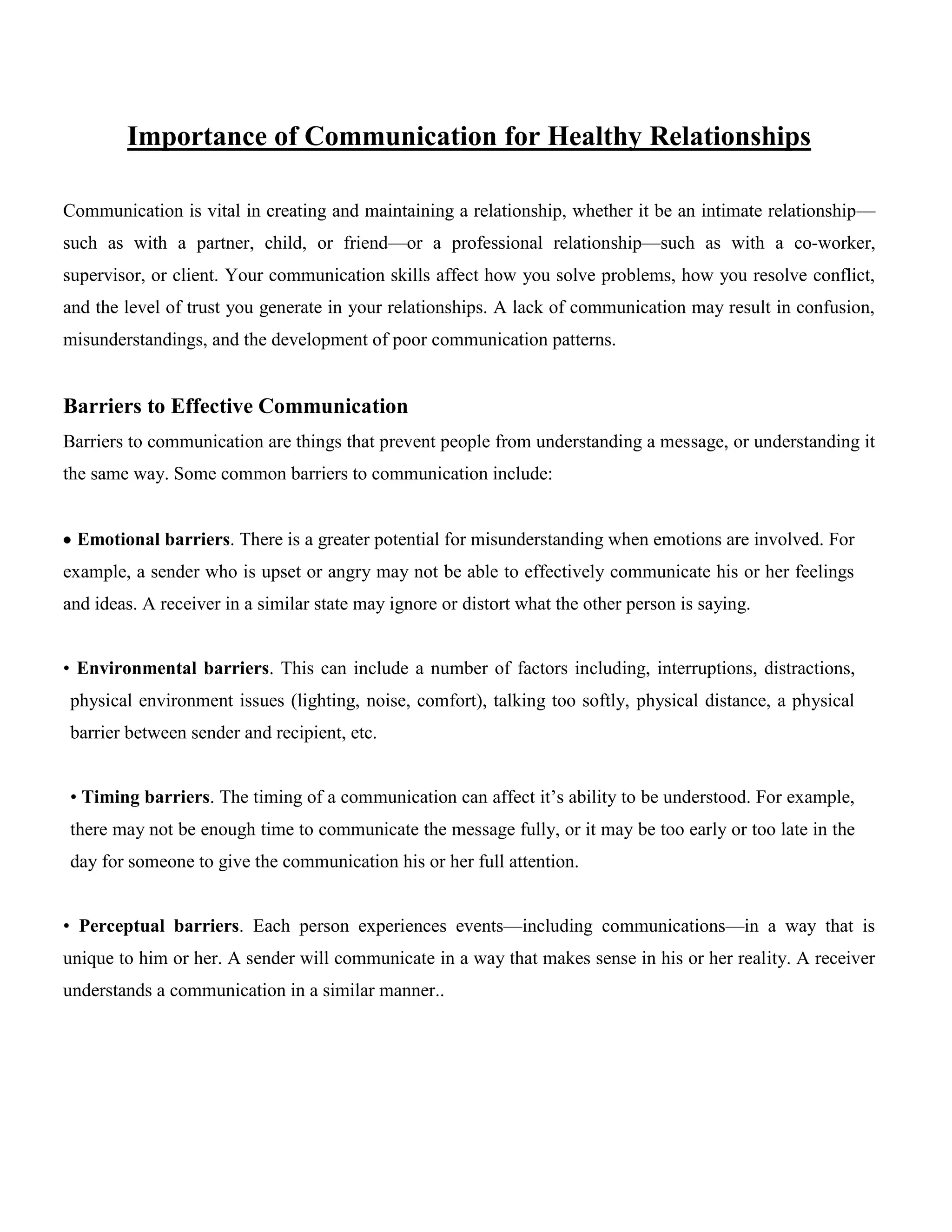Importance of Communication for Healthy Relationships | PDF