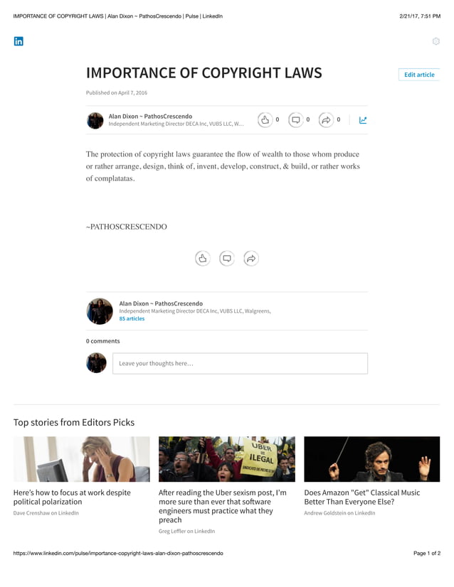 Importance of copyright laws | alan dixon ~ pathos crescendo | pulse | linkedin | PDF