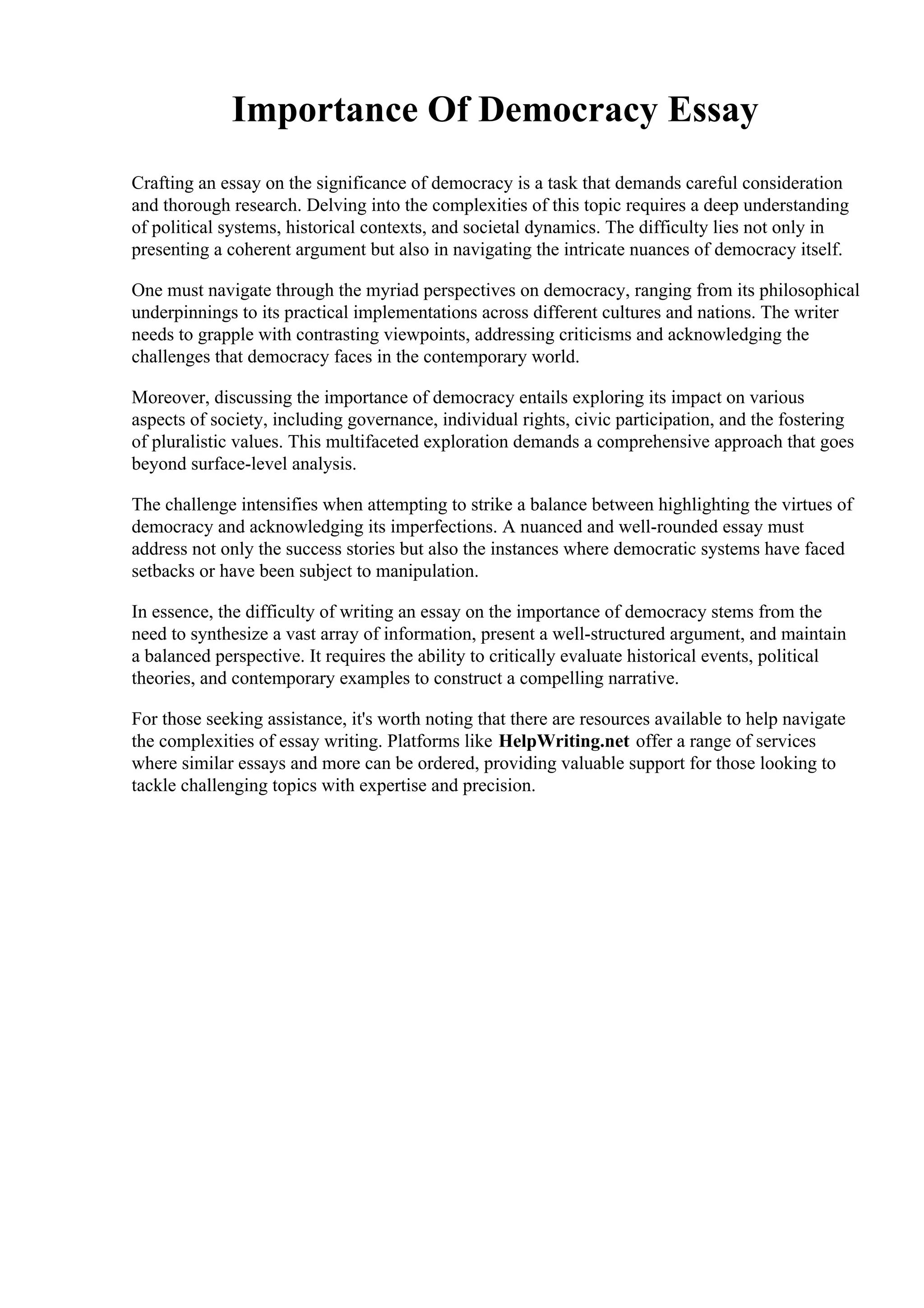 Importance Of Democracy Essay. Hartwick College | PDF