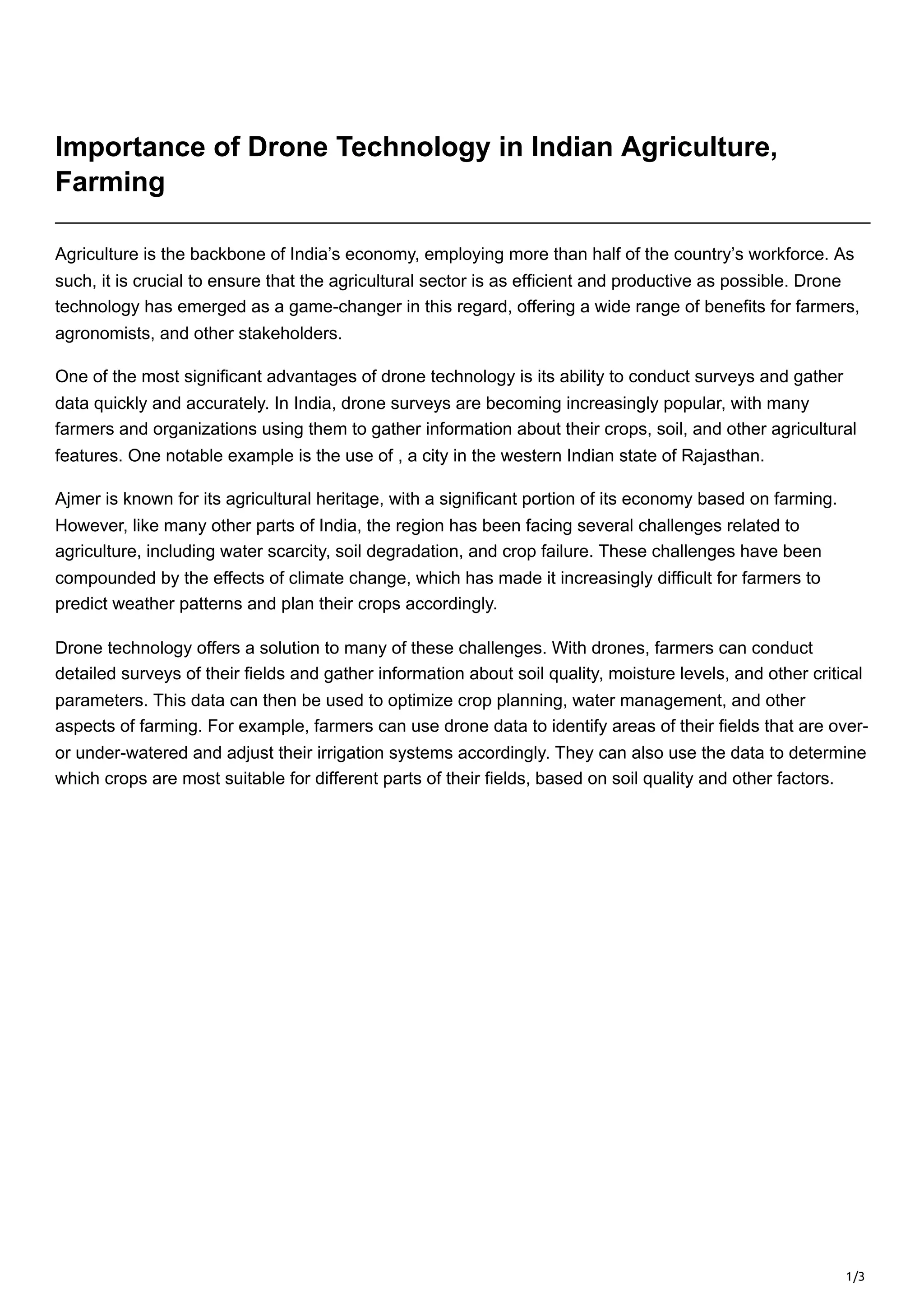 Importance of Drone Technology in Indian Agriculture, Farming.pdf