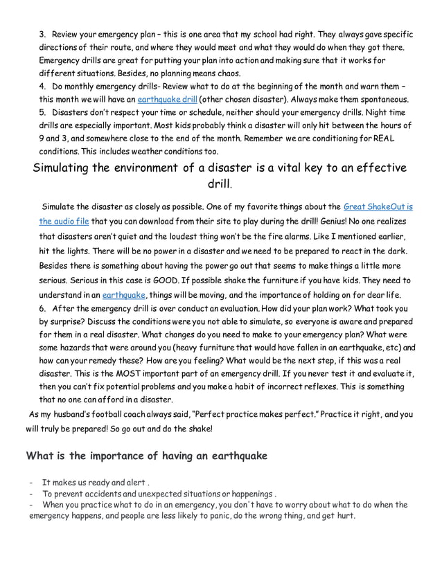 Importance of earthquake drills | DOCX | First Aid | Injuries
