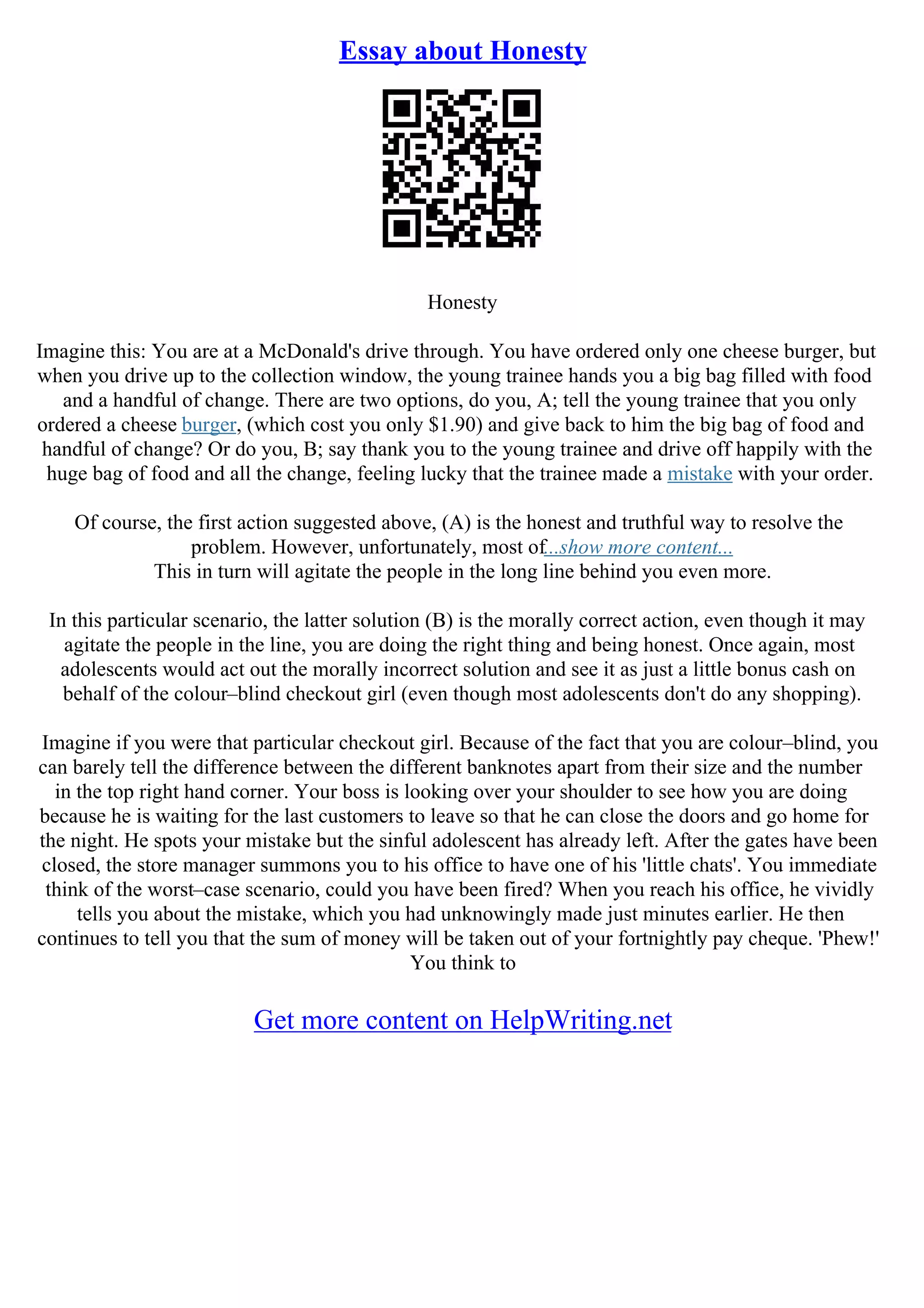 Importance Of Honesty Essay | PDF