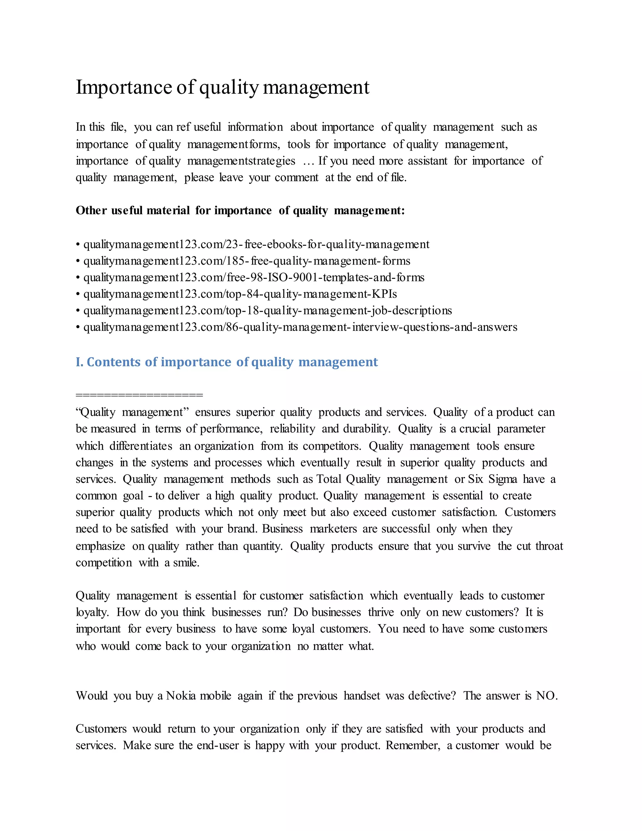 Importance of quality management | DOCX