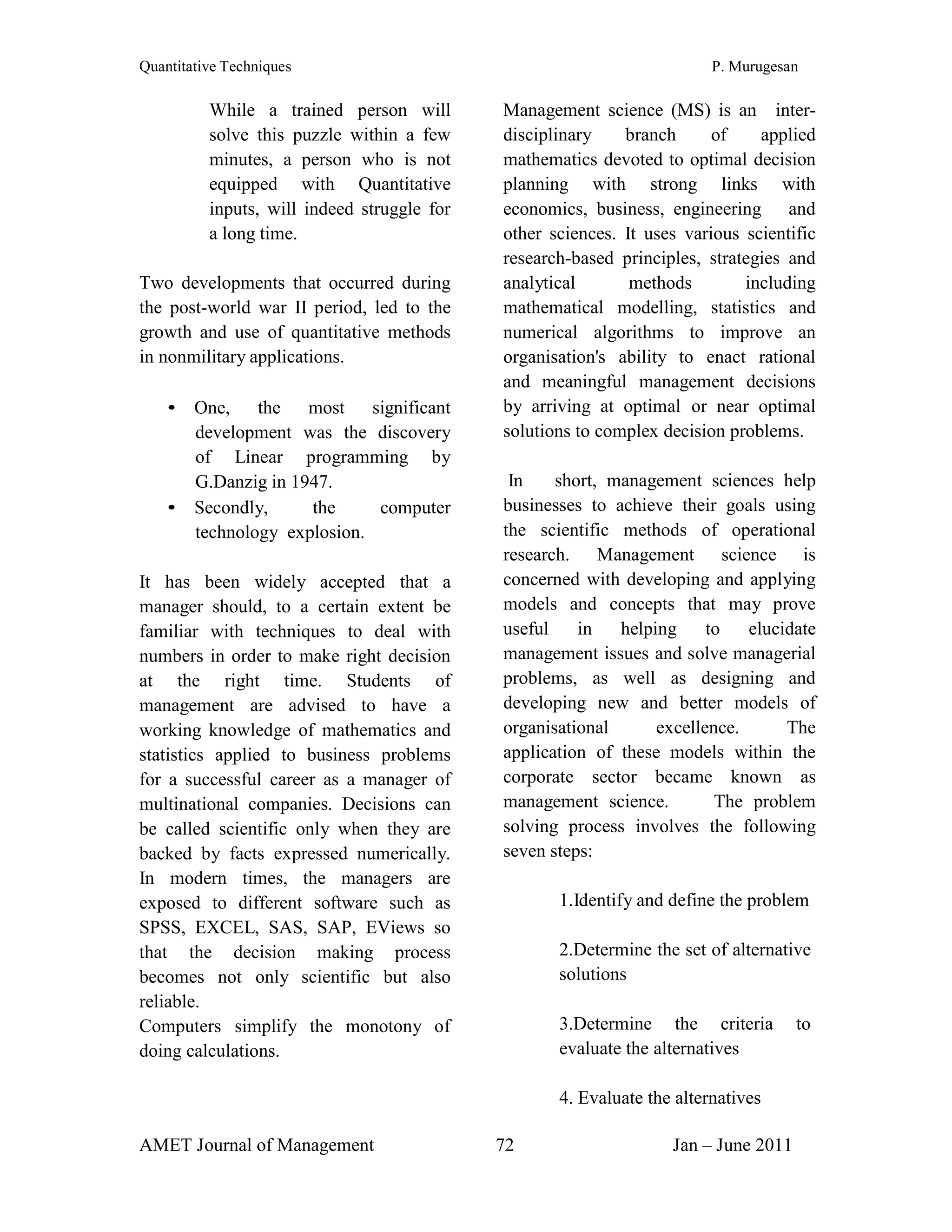 Importance of quantitative techniques in managerial decisions | PDF | Business Administration ...