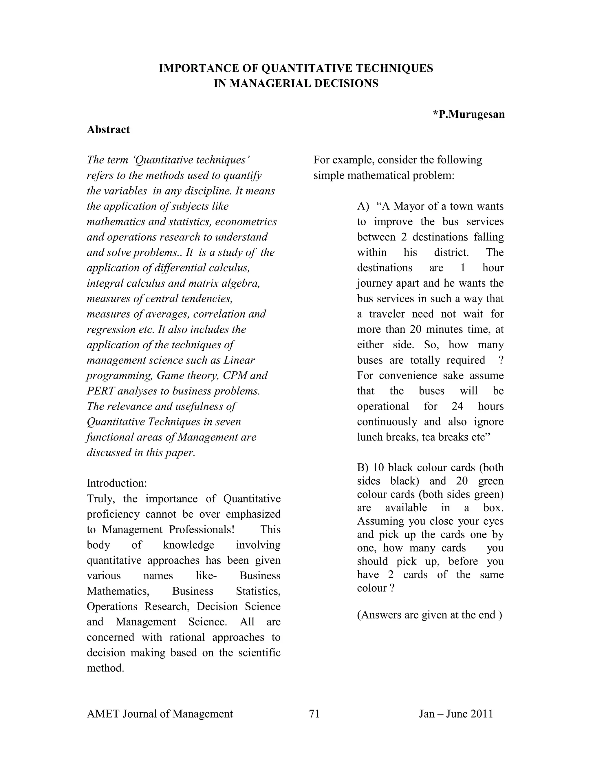 Importance of quantitative techniques in managerial decisions | PDF