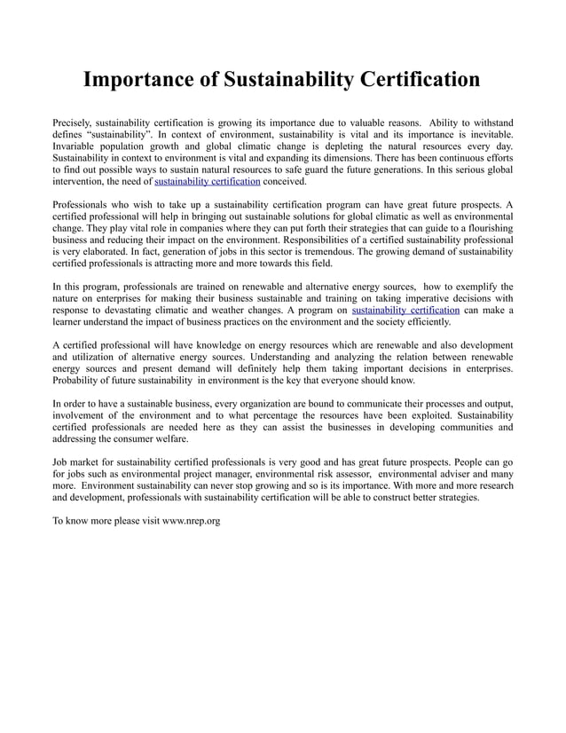 Importance of sustainability certification | PDF