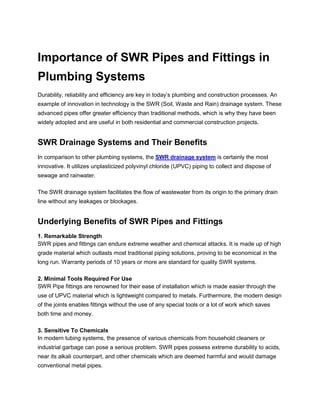 Importance of SWR Pipes and Fittings in Plumbing Systems | PDF