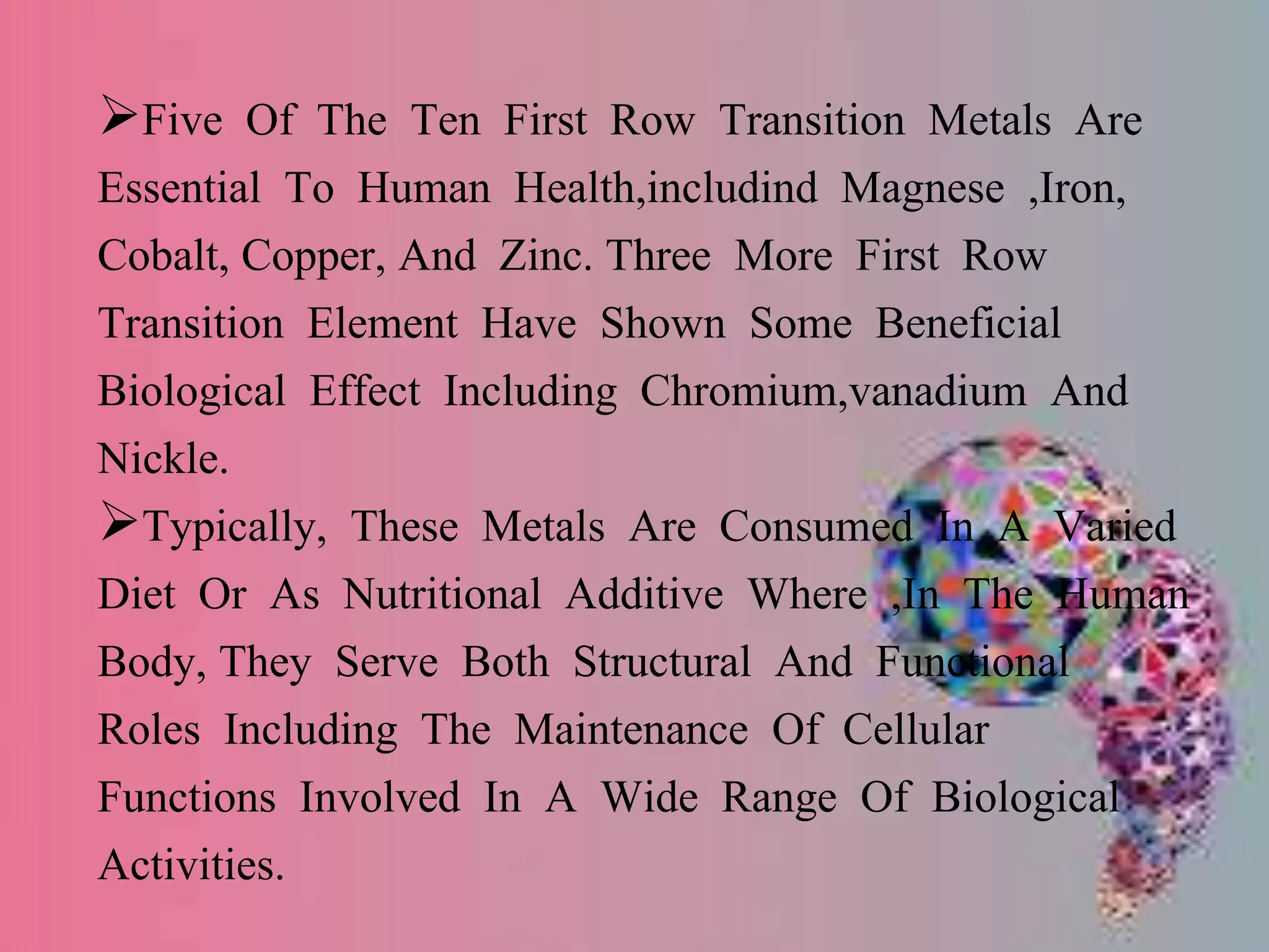 Importance of transition metals in human body | PPTX
