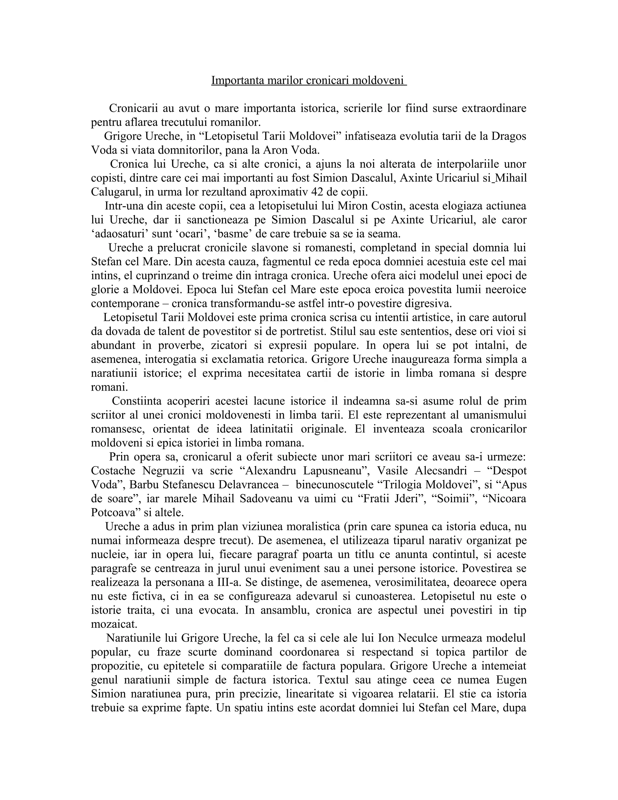 Importanta marilor cronicari romani | DOC
