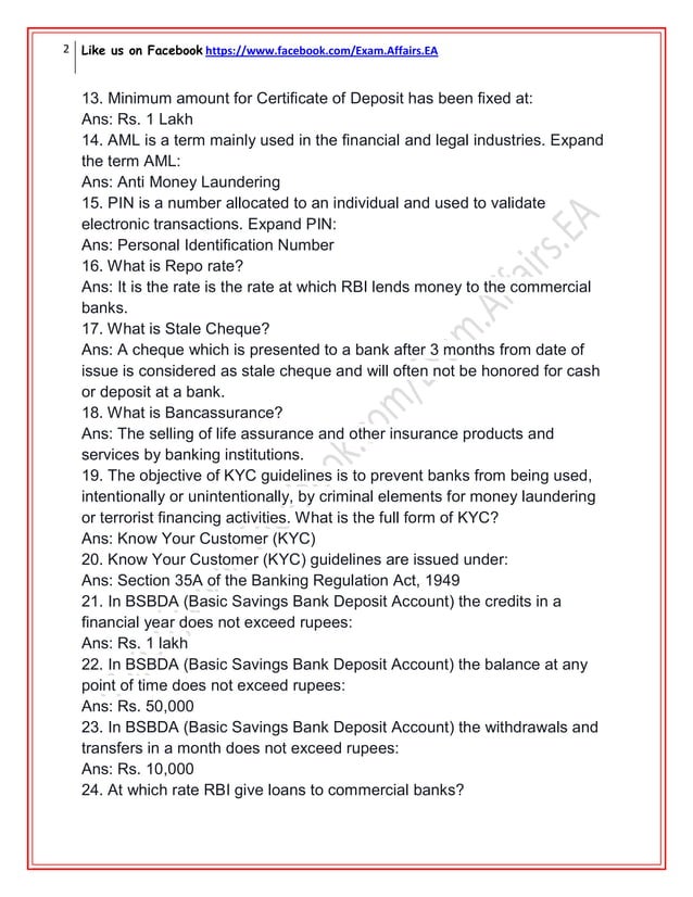 Important banking awareness questions | PDF