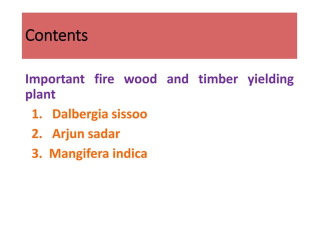 Important fire wood and timber yielding plant 1. dalbergia sissoo 2. arjun sadar 3. mangifera ...