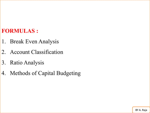 Important Formulas of BEP, Ratio Analysis, Capital Budgeting | PPTX