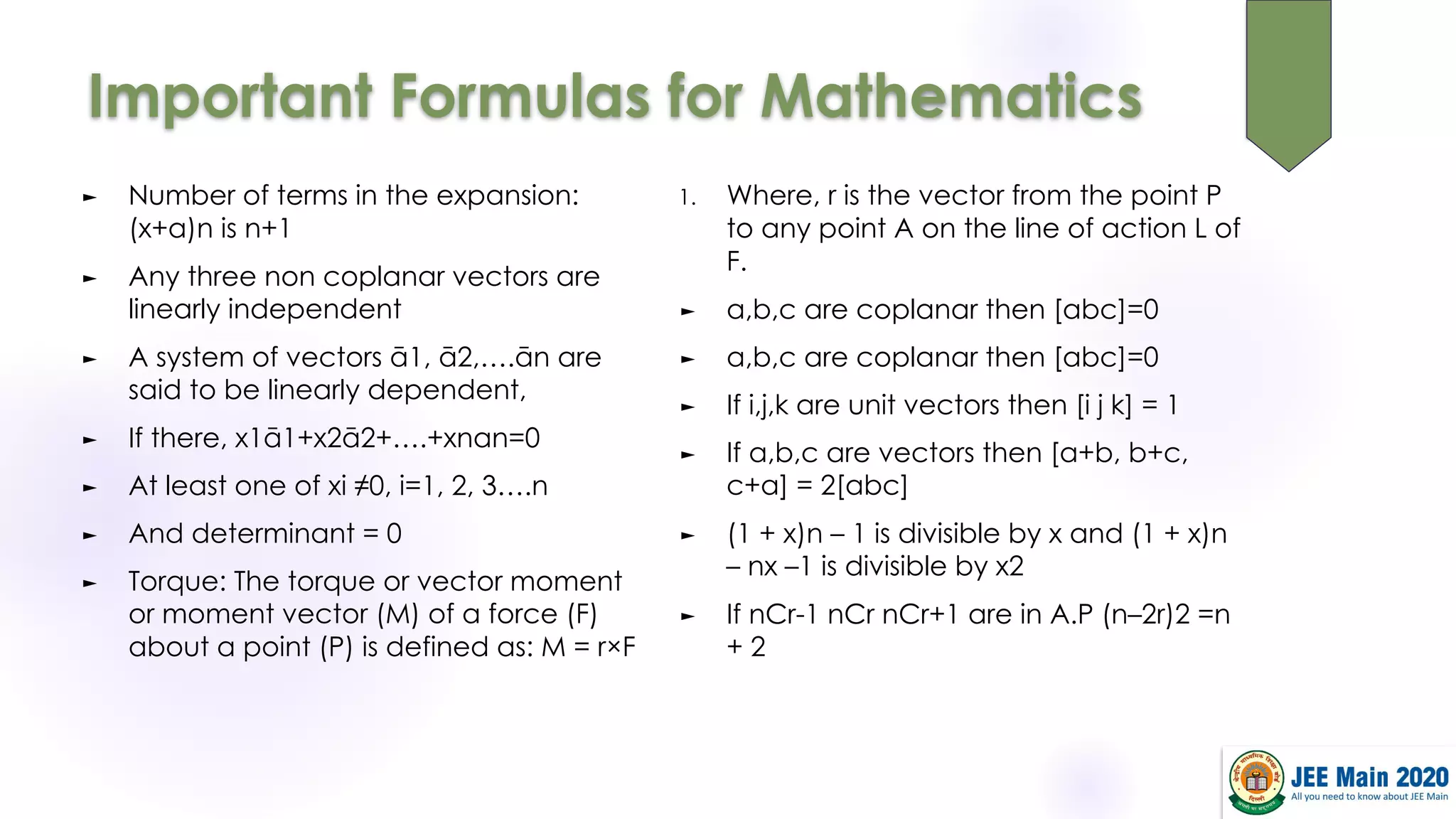 Important formulas for JEE Main 2020 - Subject-wise List | PDF