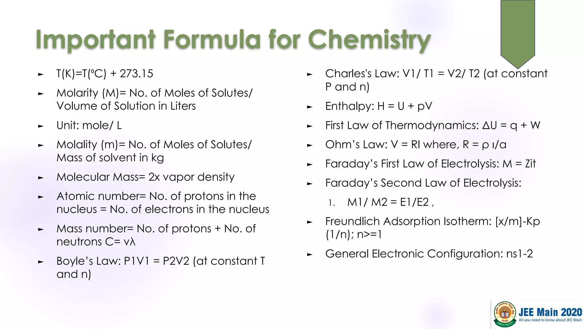 Important formulas for JEE Main 2020 - Subject-wise List | PDF