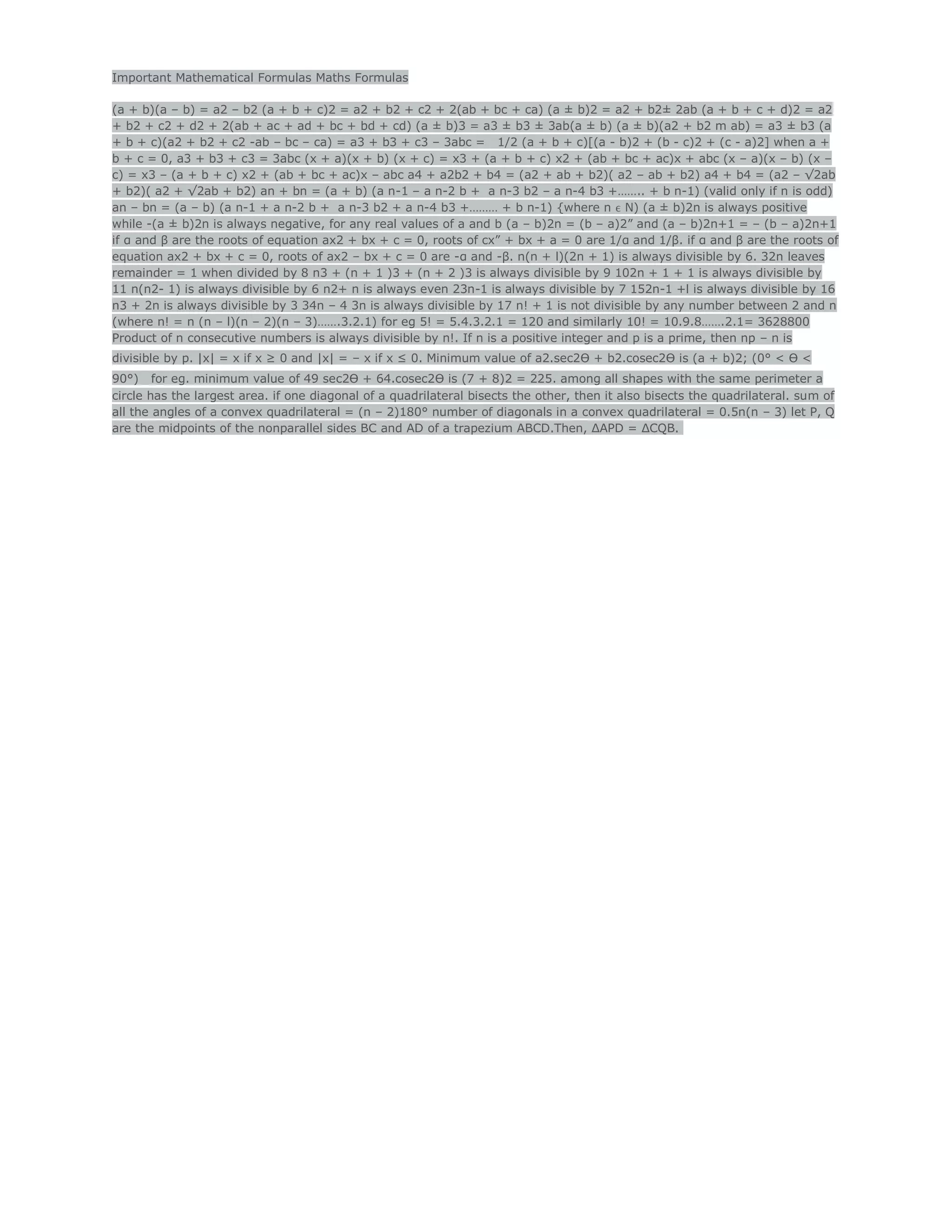 Important maths formulas | DOCX