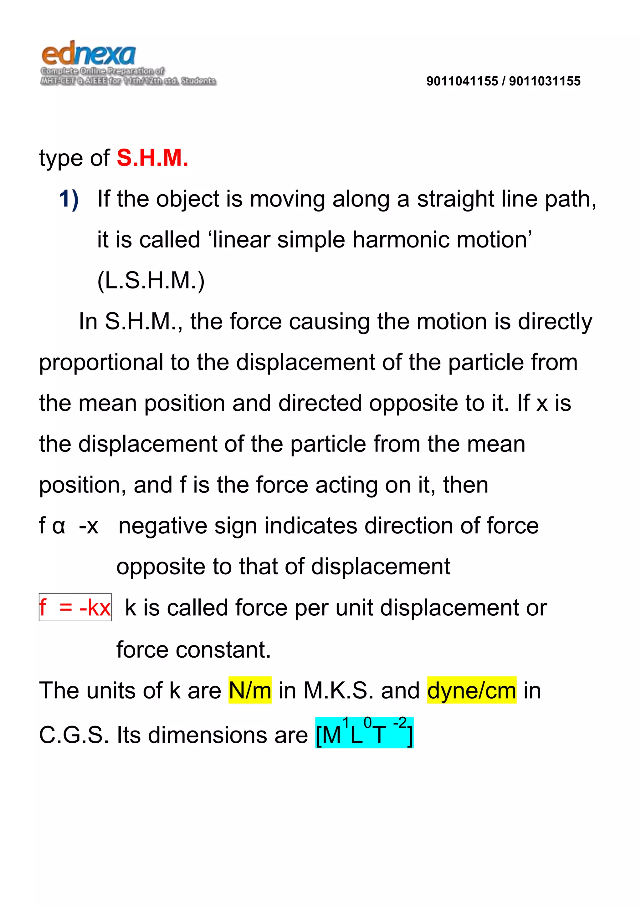 Important Notes - JEE - Physics - Simple Harmonic Motion | DOCX