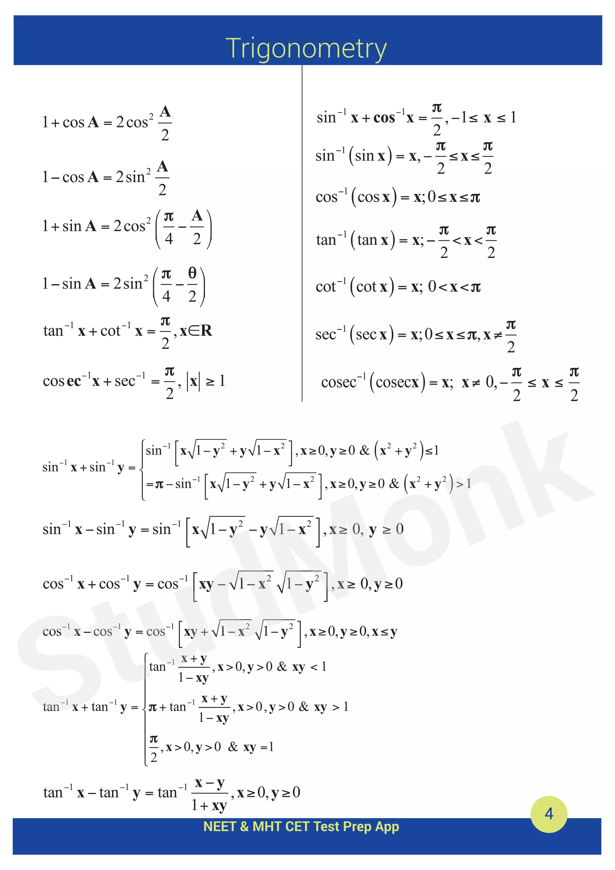 Important Formulas PDF for Physics | Mathematics- StudMonk | PDF