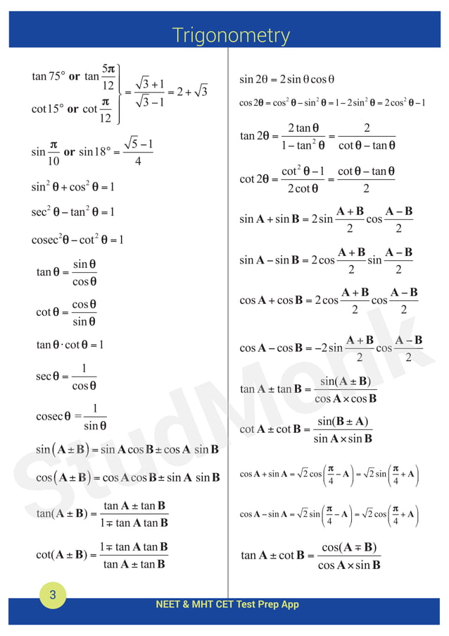 Important Formulas PDF for Physics | Mathematics- StudMonk | PDF