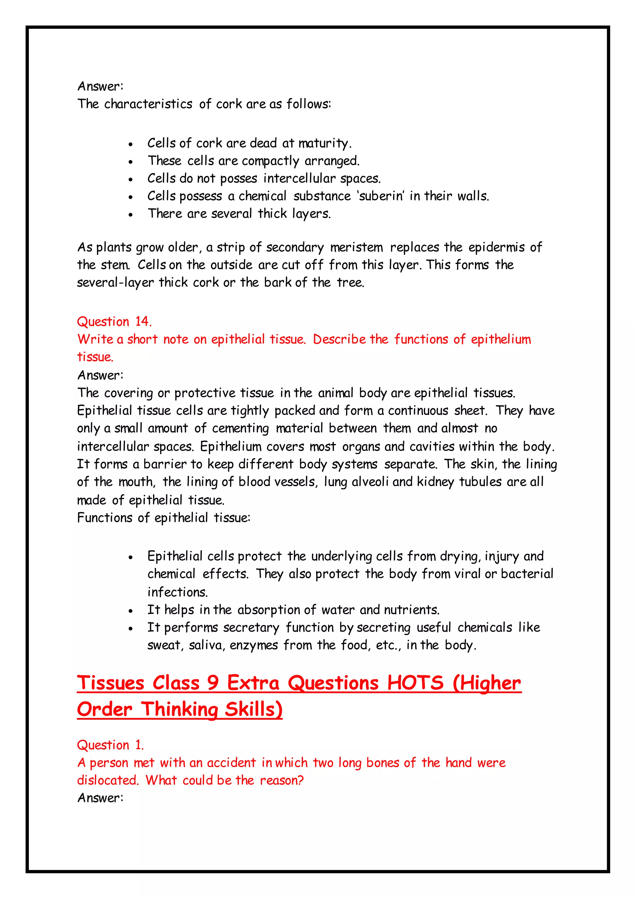 Important Question with Answer of Tissues class 9 | DOCX