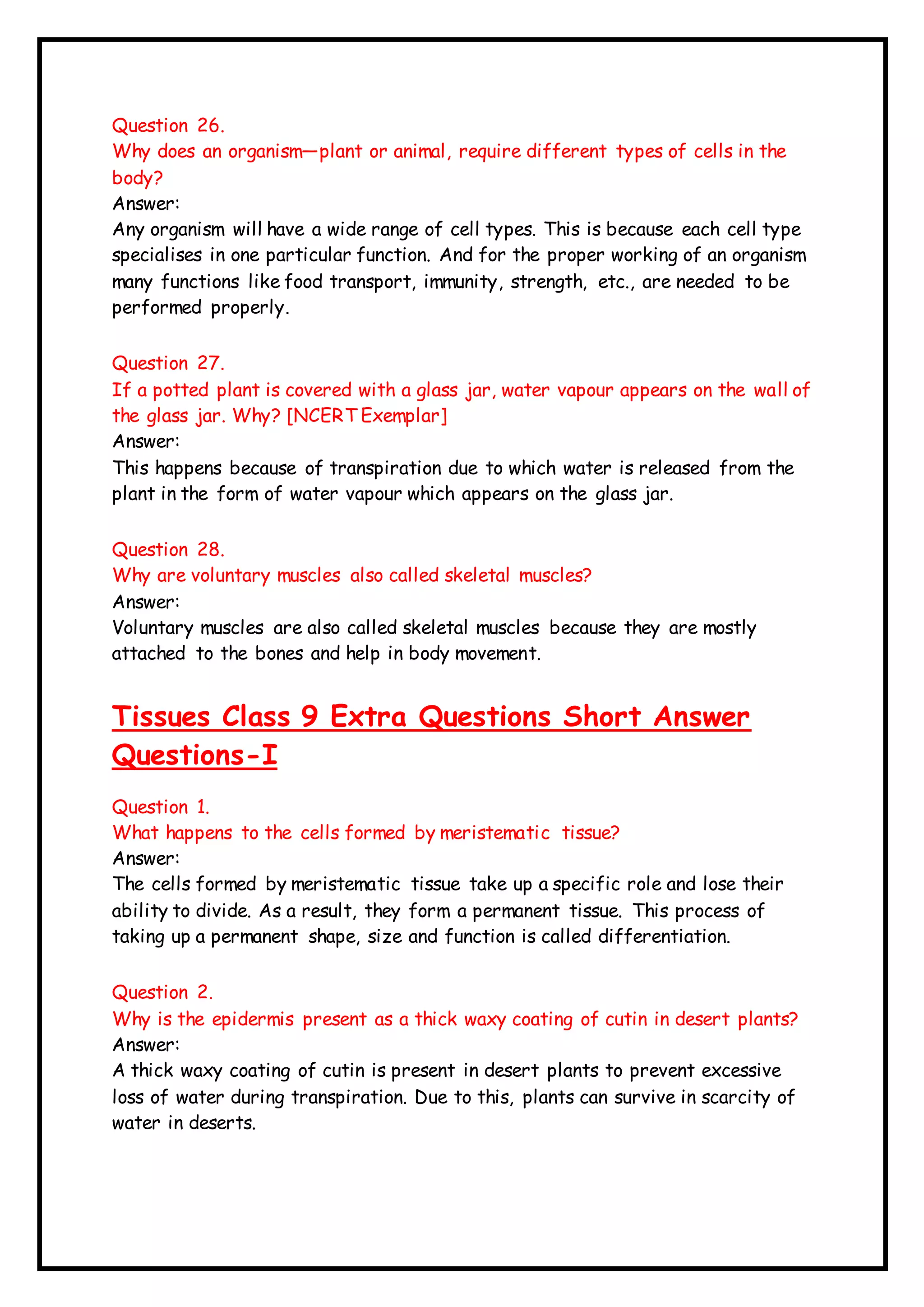 Important Question with Answer of Tissues class 9 | DOCX