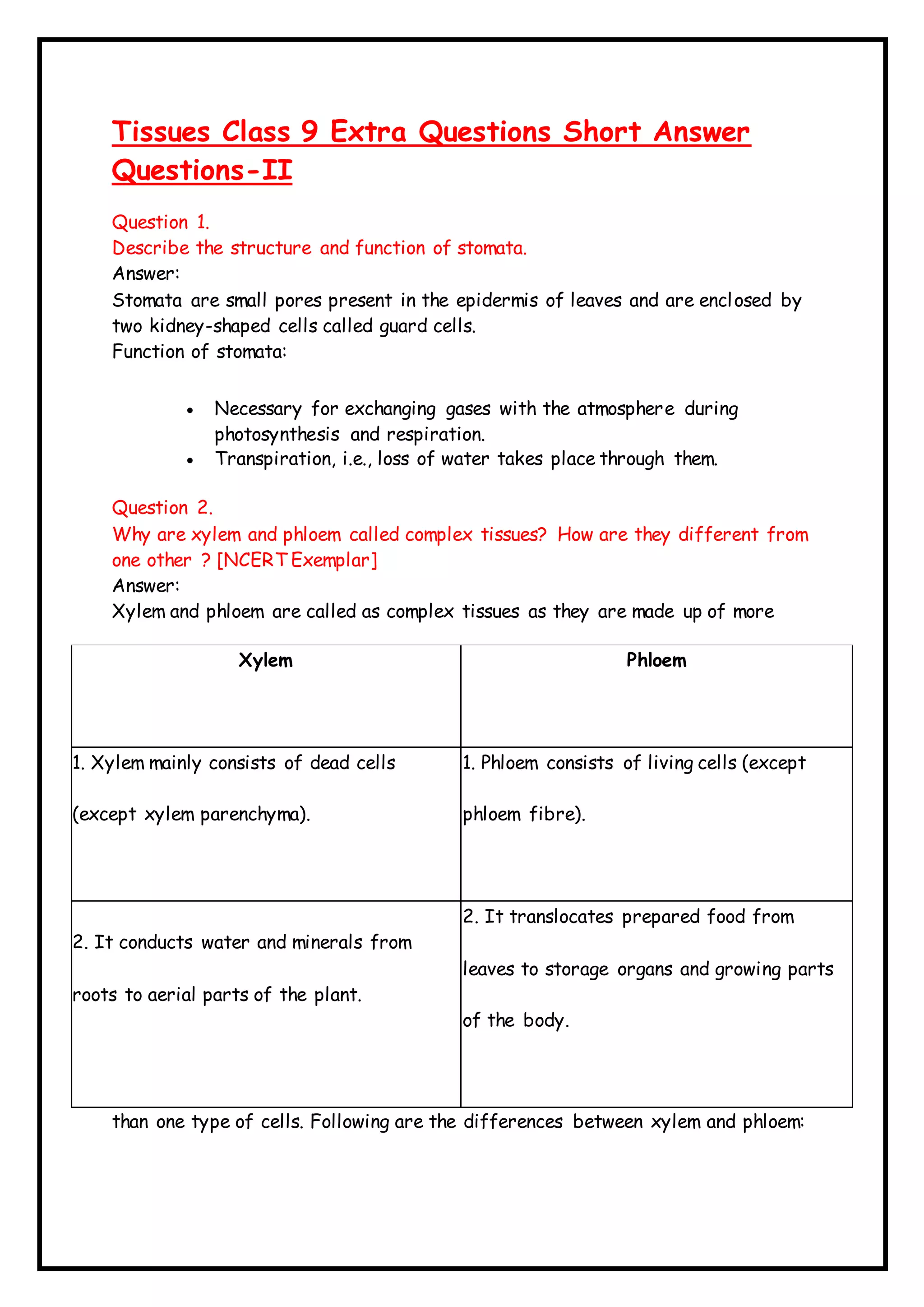 Important Question with Answer of Tissues class 9 | DOCX