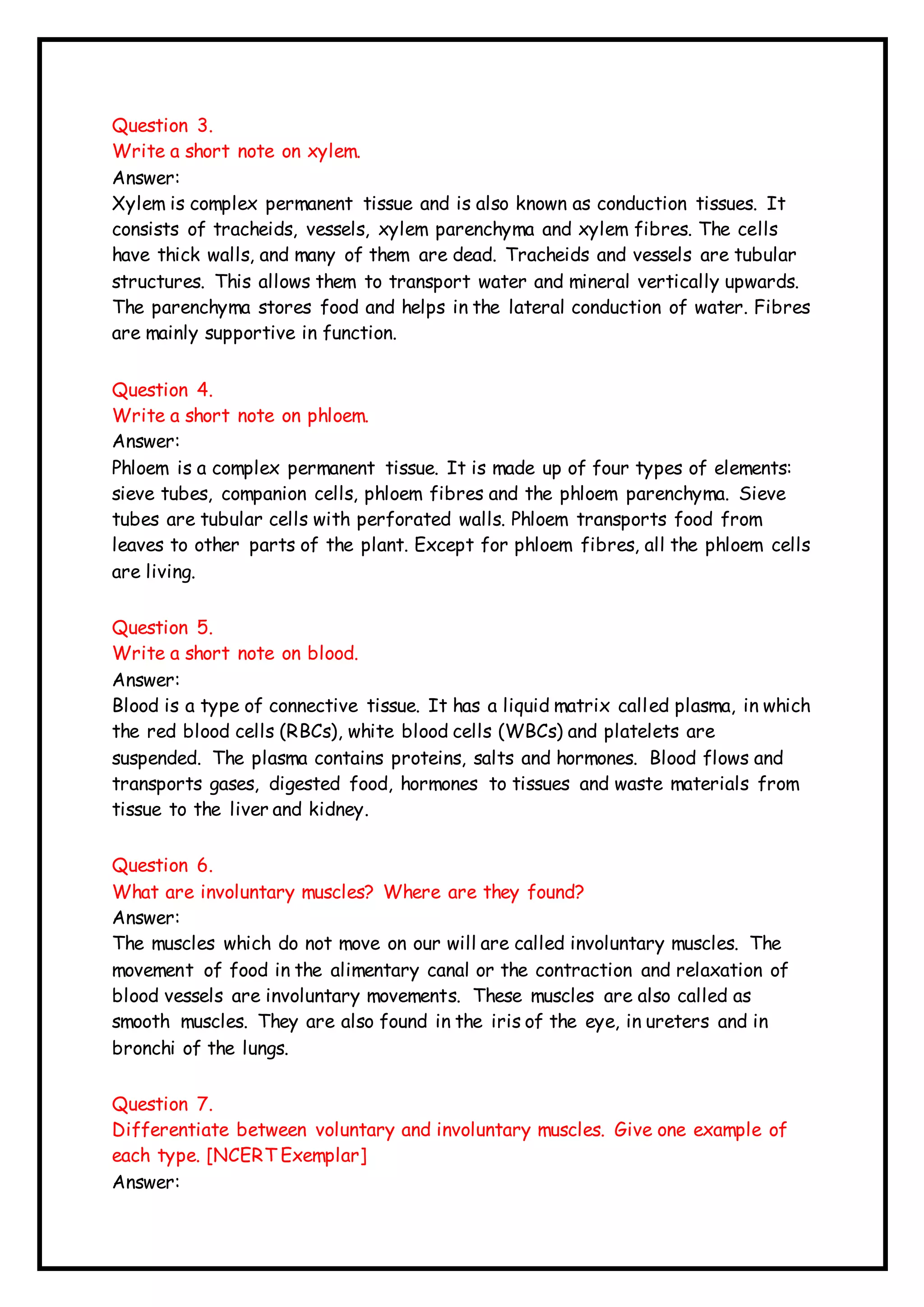 Important Question with Answer of Tissues class 9 | DOCX