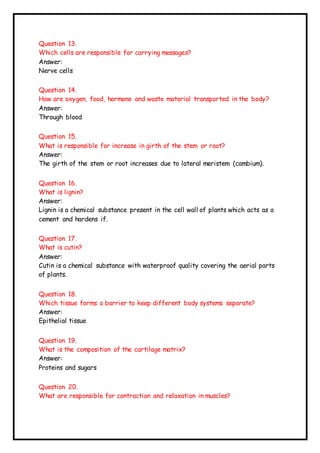 Important Question with Answer of Tissues class 9 | DOCX