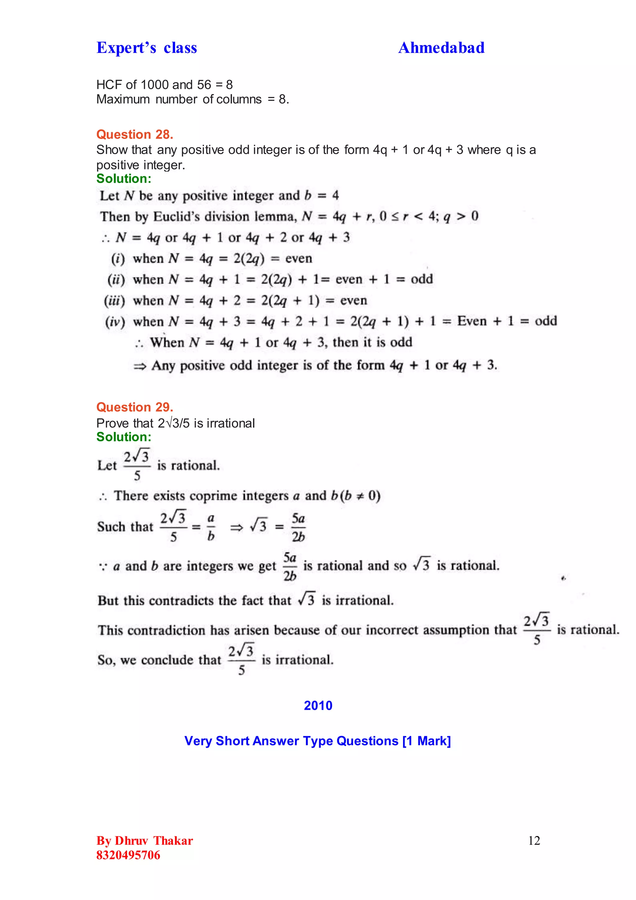 Important questions for class 10 maths chapter 1 real numbers with solutions | DOC | Gasoline ...