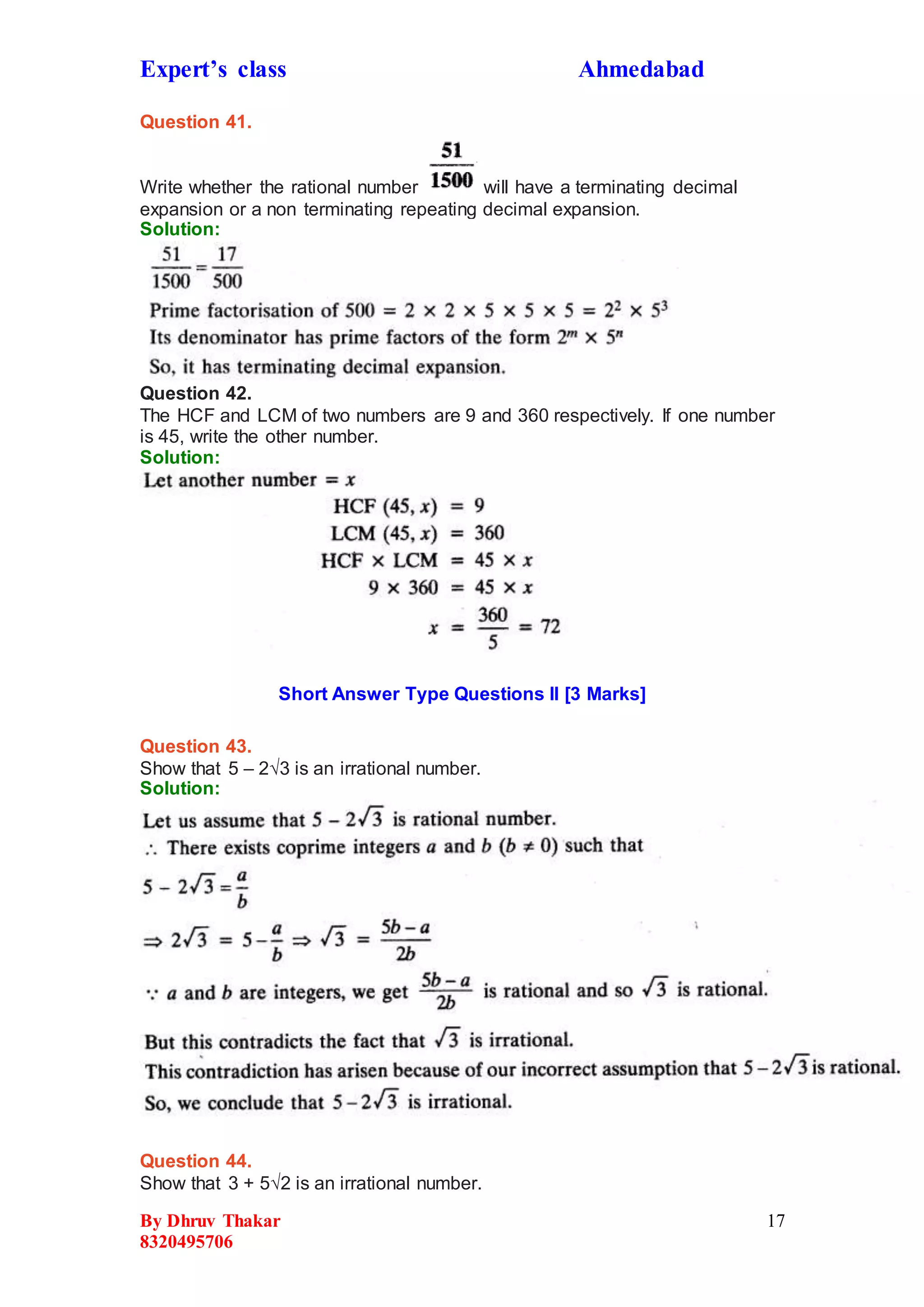 Important questions for class 10 maths chapter 1 real numbers with solutions | DOC