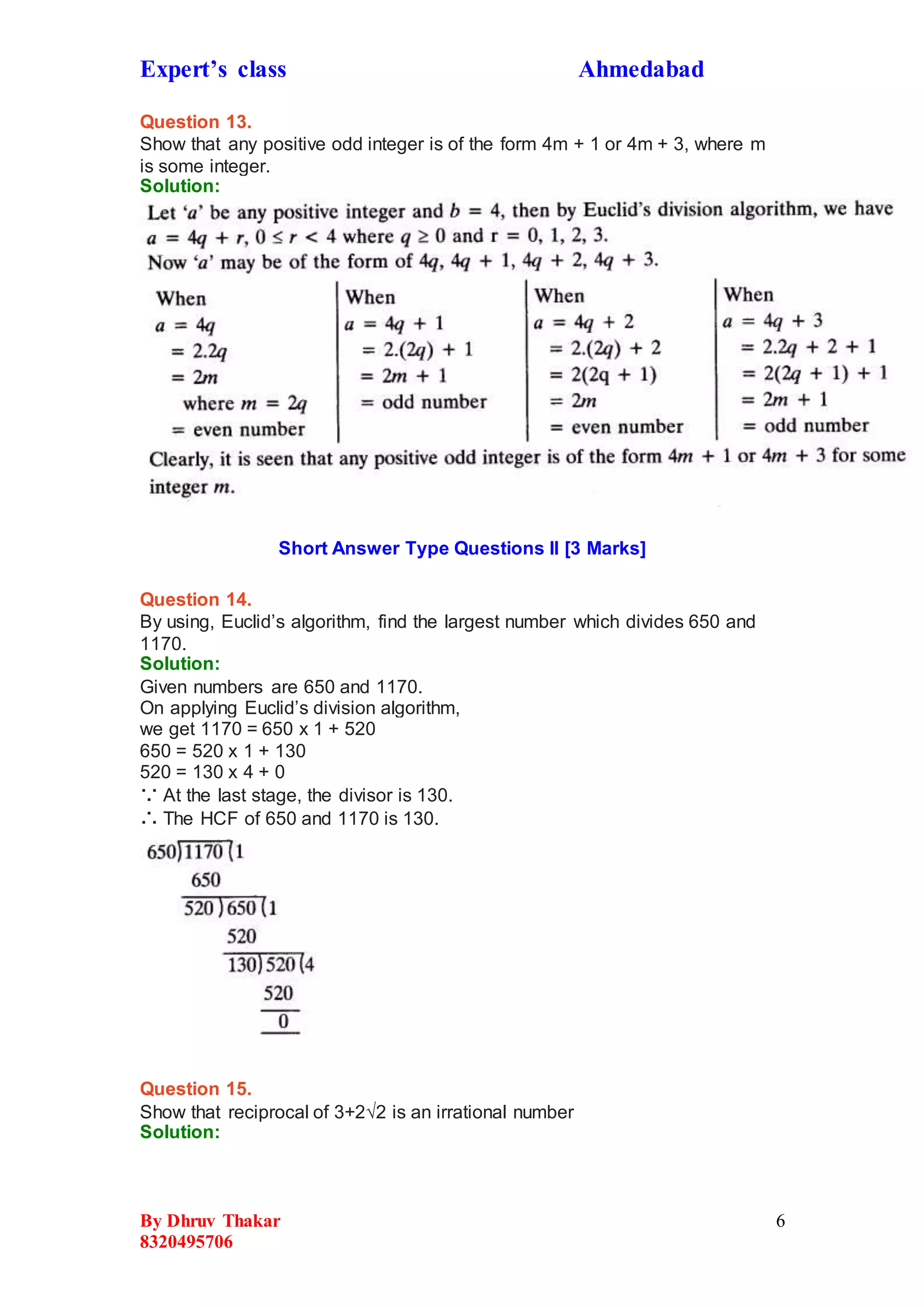 Important questions for class 10 maths chapter 1 real numbers with solutions | DOC | Gasoline ...