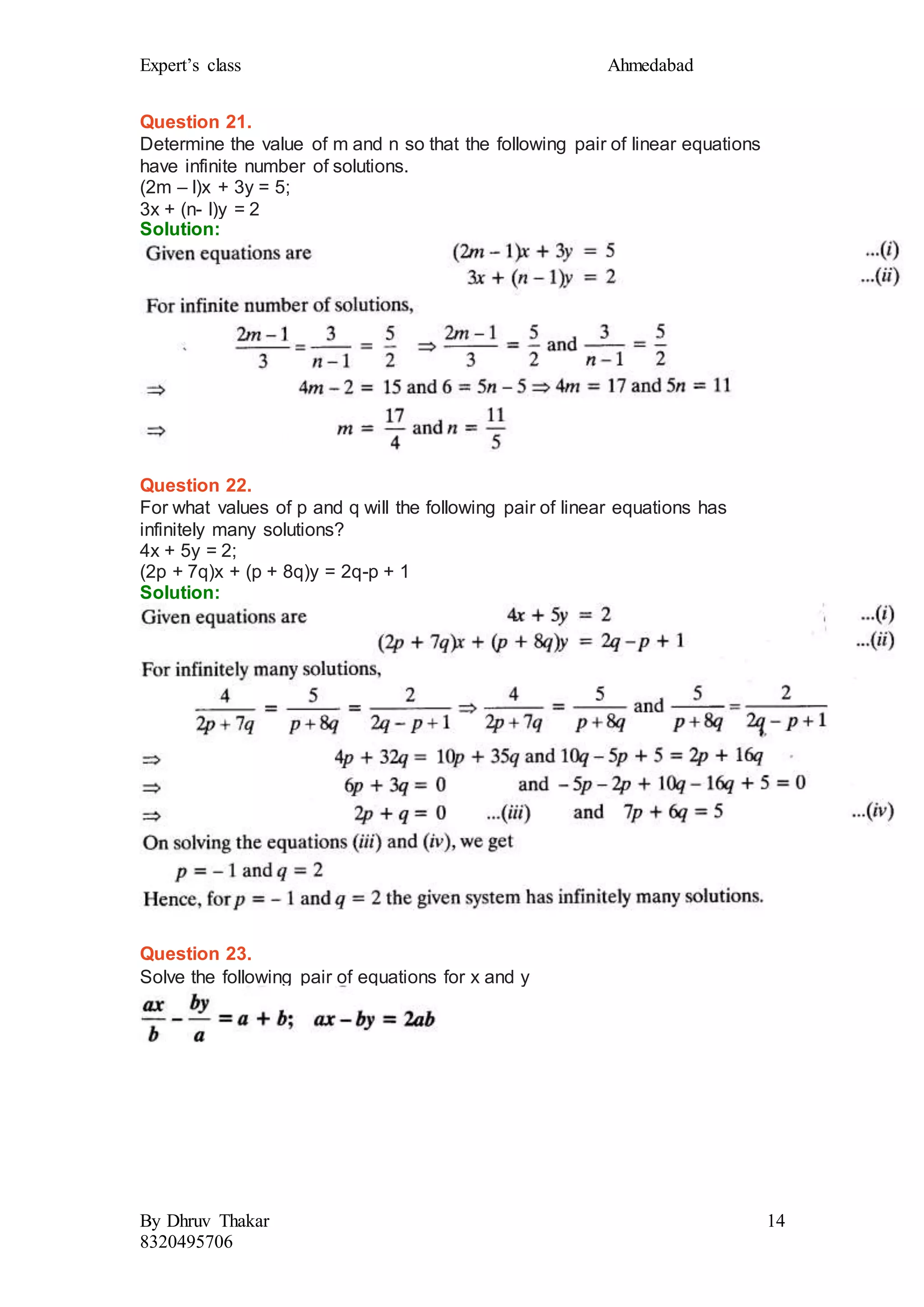 Important questions for class 10 maths chapter 3 pair of linear ...