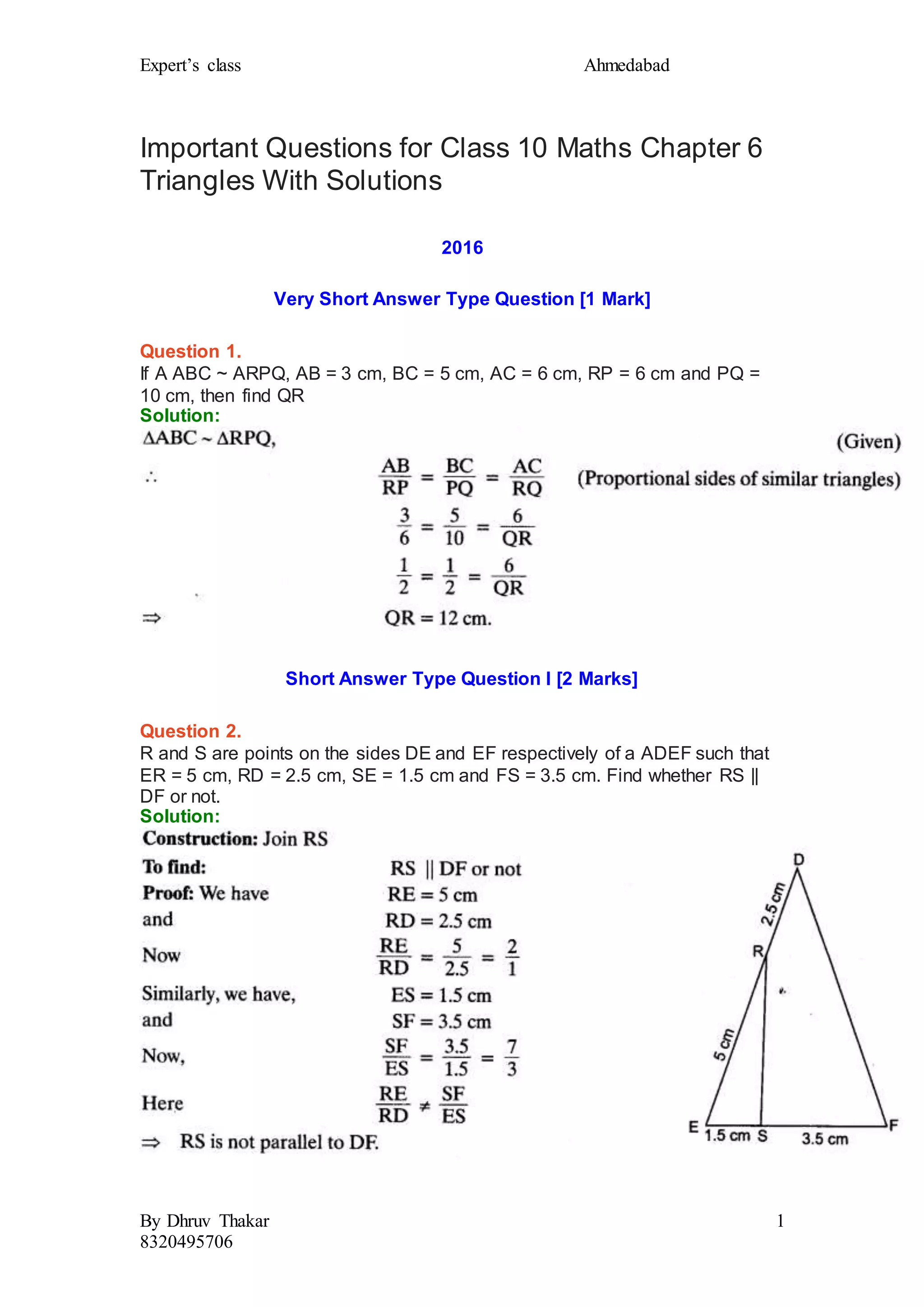 Important questions for class 10 maths chapter 6 triangles with solutions | PDF