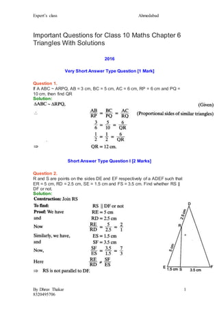 Important questions for class 10 maths chapter 6 triangles with ...