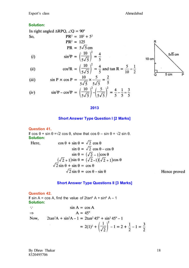 Important Questions For Class 10 Maths Chapter 8 Introduction To Trigonometry With Solutions Doc