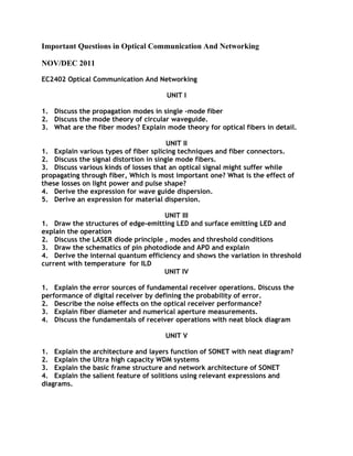 Important questions in optical communication and networking ec2402 ec ...