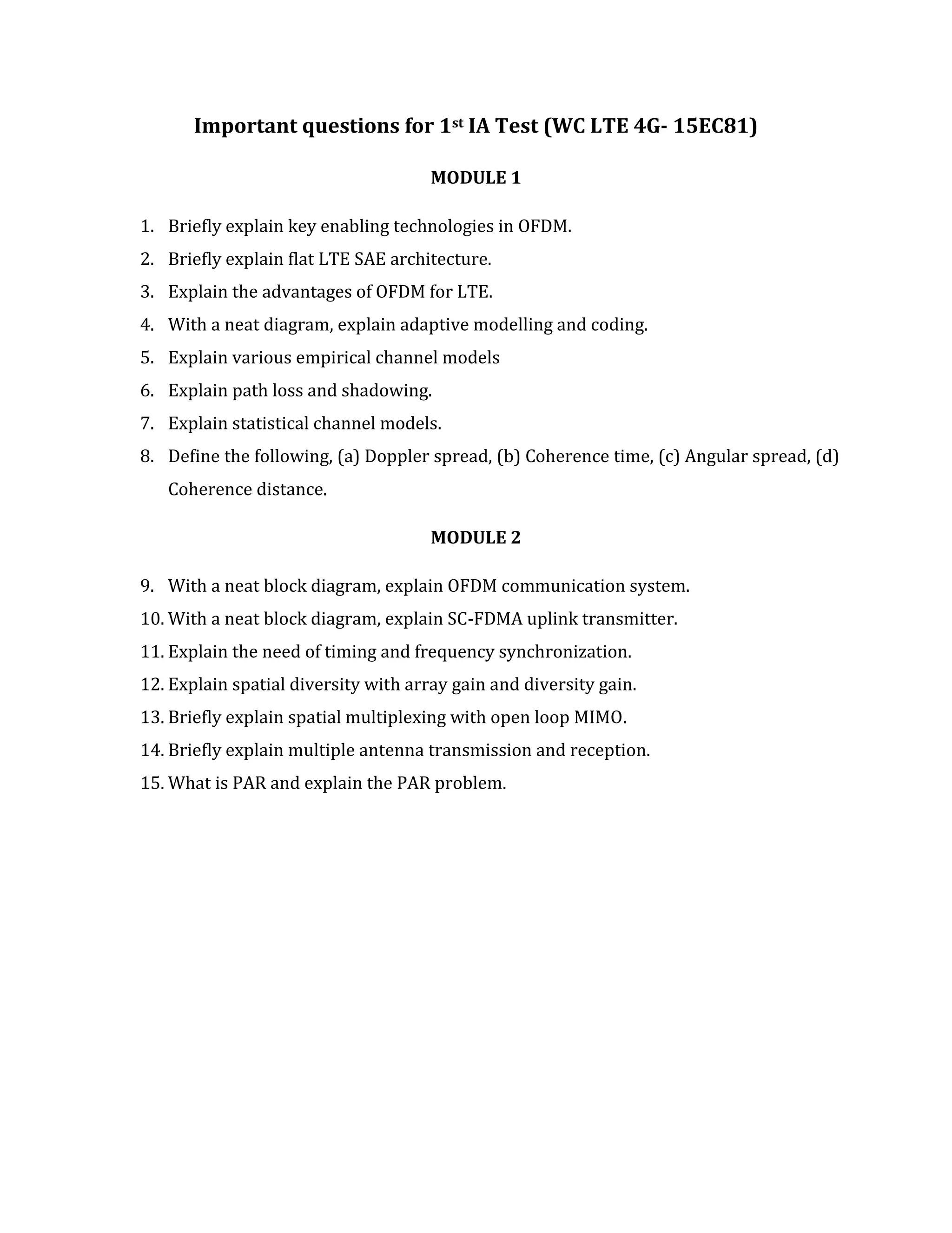 Important questions (module 1 & 2) WC LTE 4G | PDF