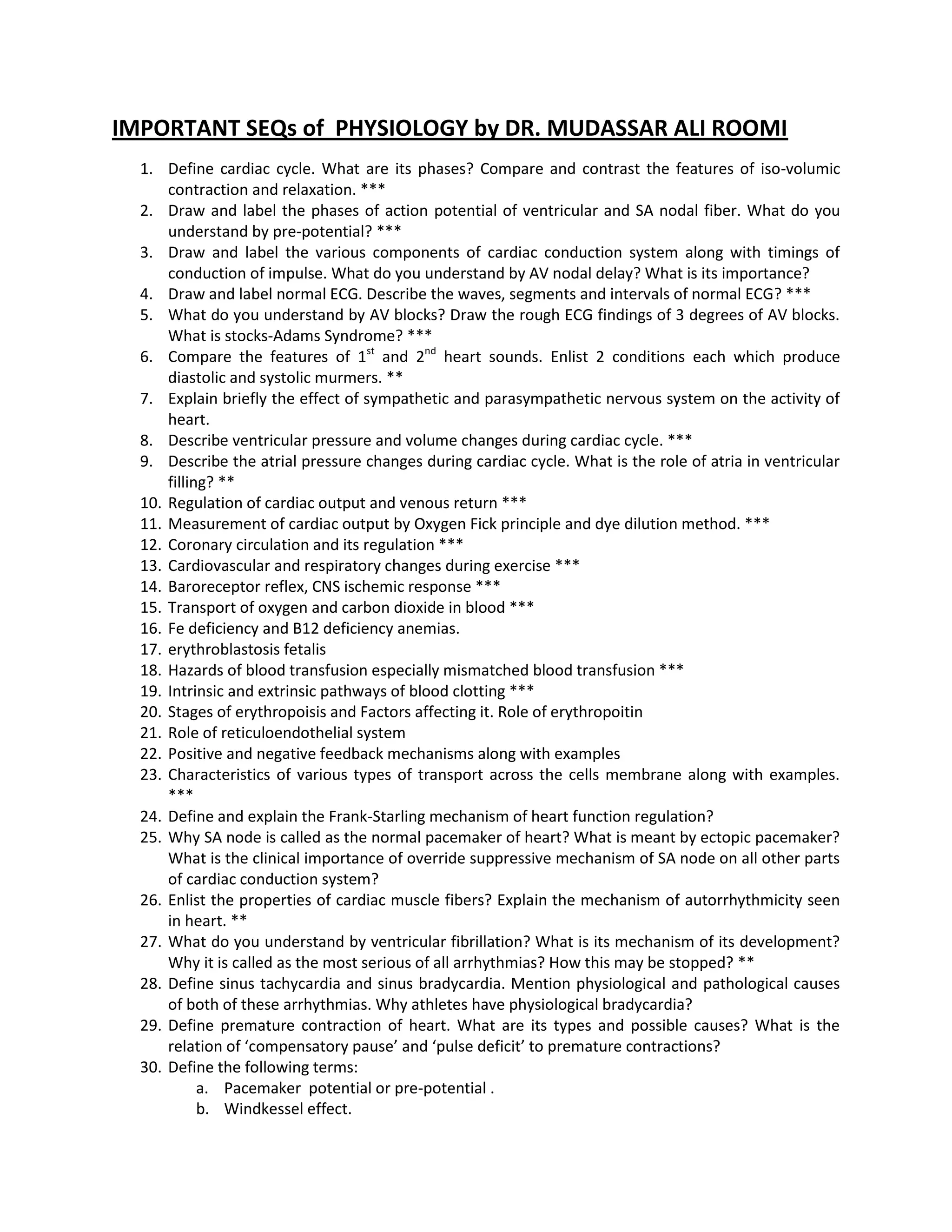 Important questions of physiology for 1st year mbbs students by dr. mudassar ali roomi | DOCX