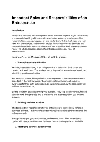 Important Roles and Responsibilities of an Entrepreneur | PDF