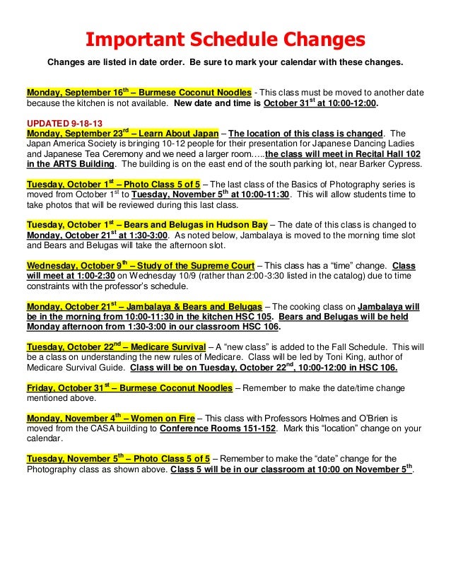 Important Schedule Changes