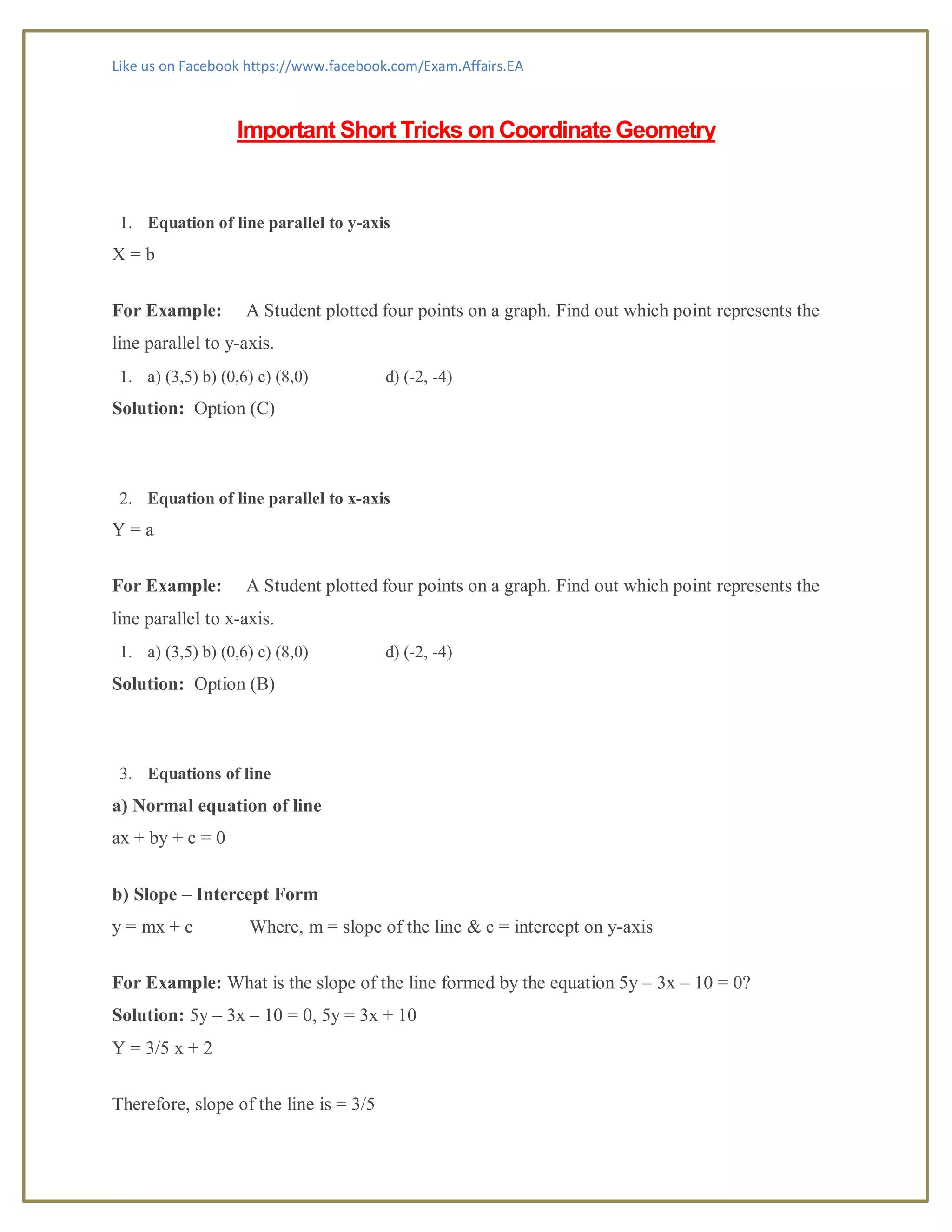 Important short tricks on coordinate geometry | PDF
