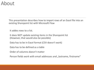 Import excel rows to sharepoint list | PPT