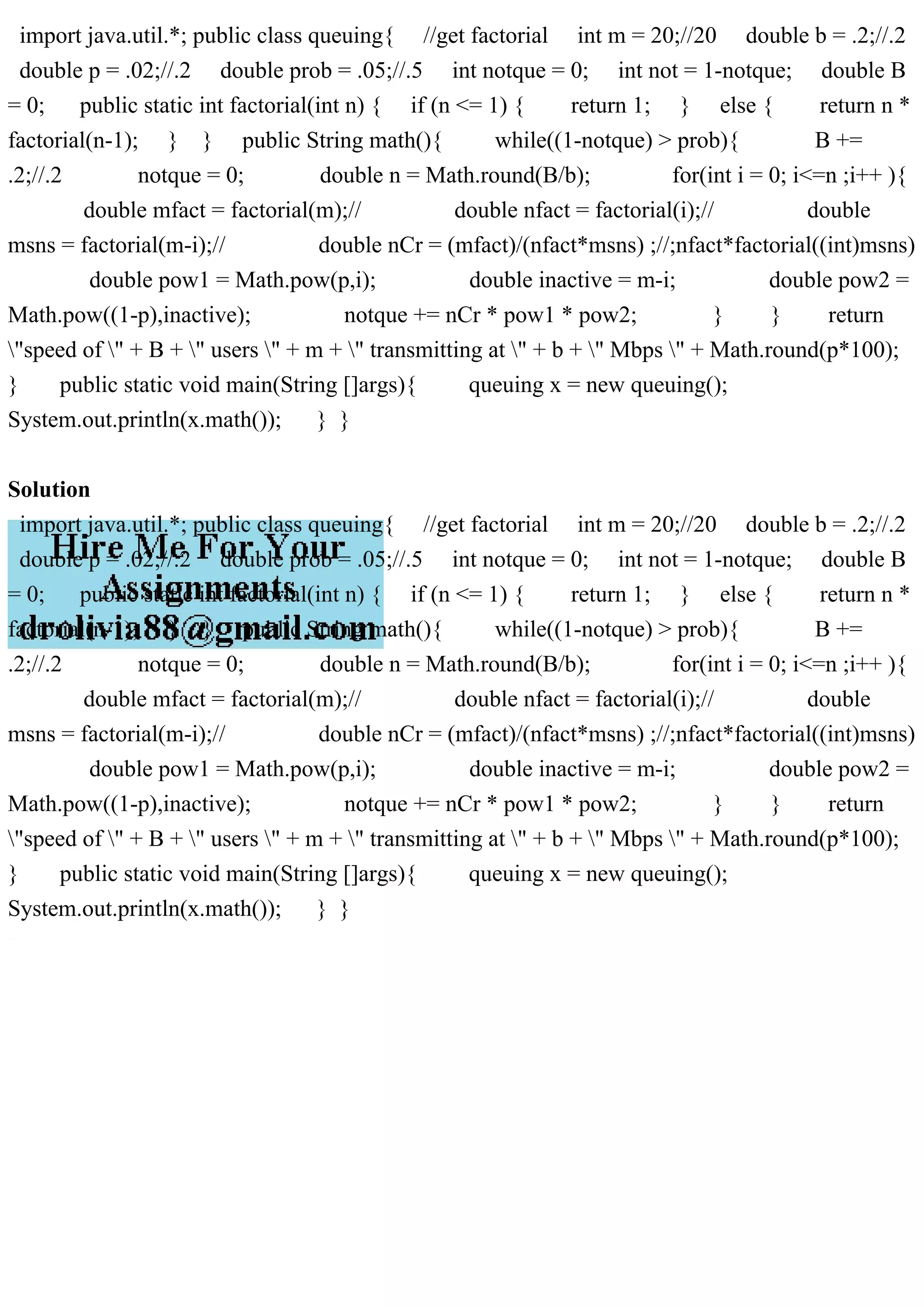 import java.util.; public class queuing{ get factorial in.pdf