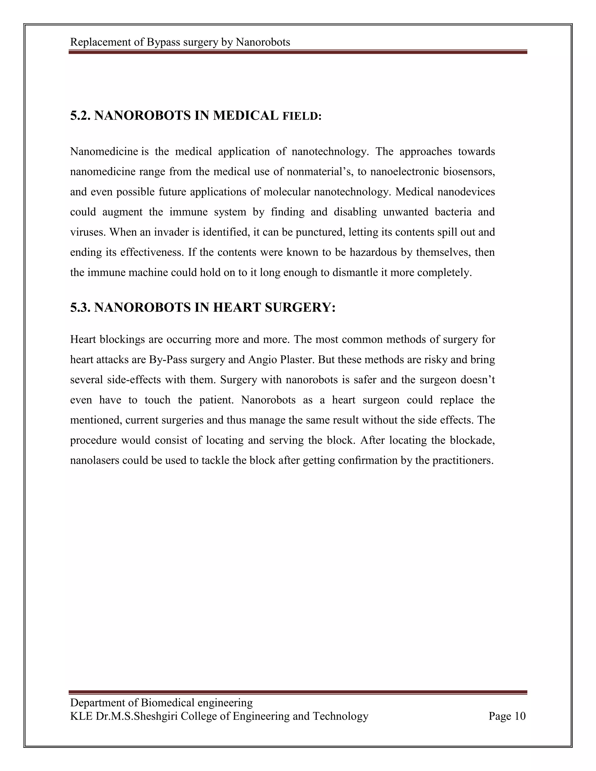 Report on Replacement of Heart bypass surgery by NAnorobots | DOCX