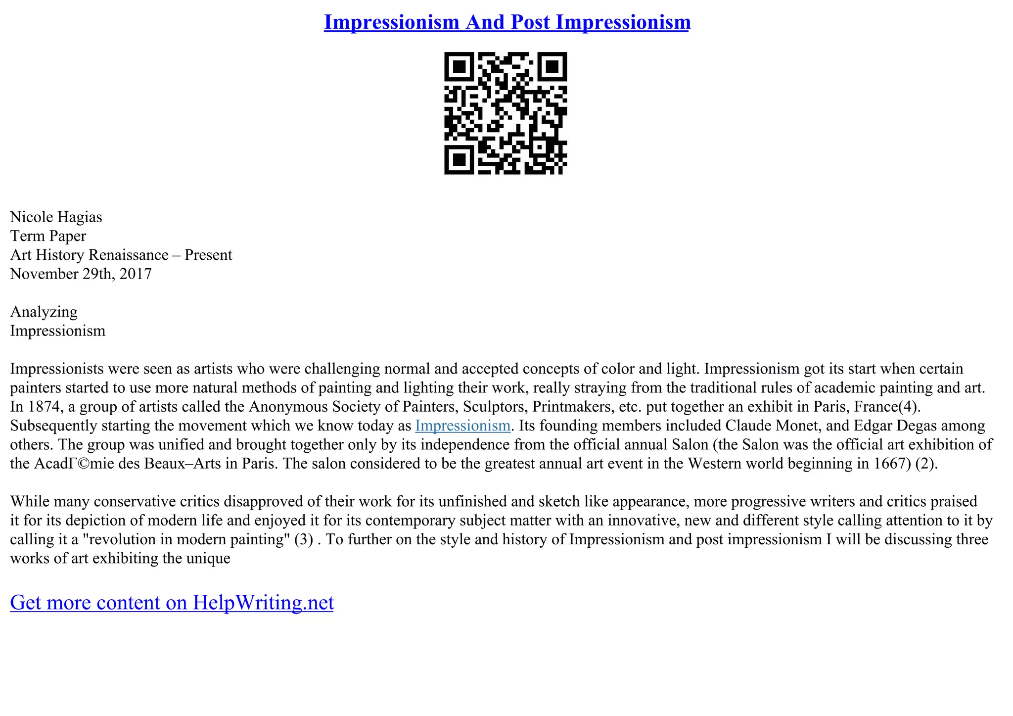 Impressionism Emerged In The Late 1800S | PDF