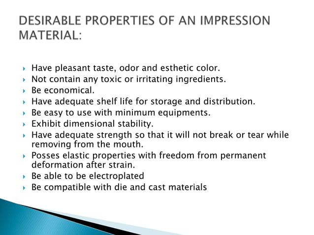 Impression materials | PPTX | Dental Health | Diseases and Conditions
