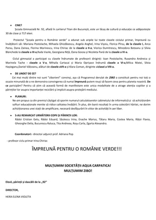 Impreuna pentru o Romanie Verde. Scoala 92, Bucuresti | PDF