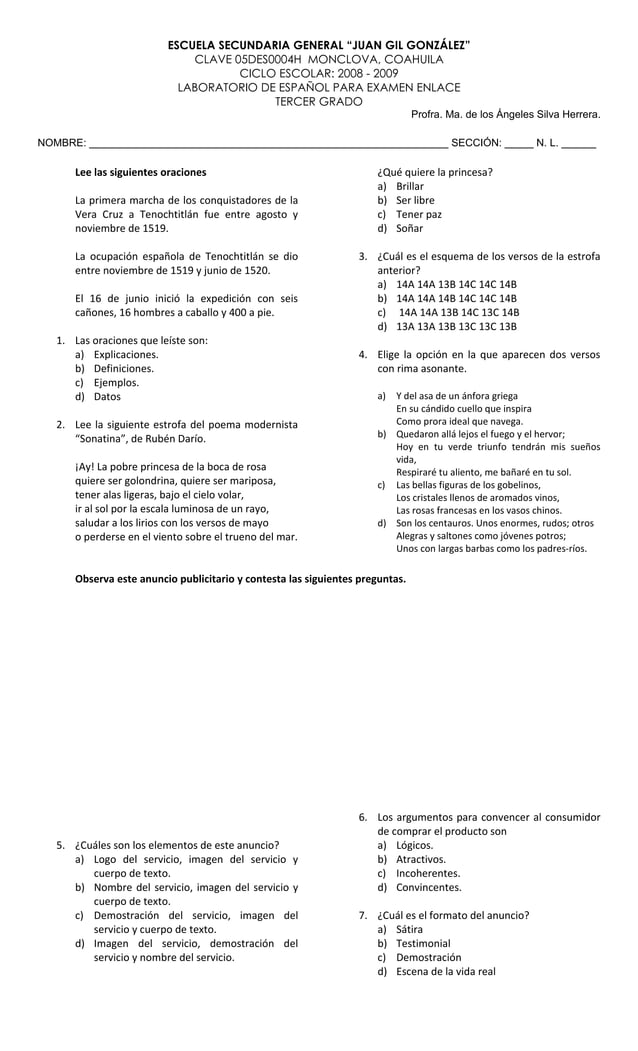 Cuadernillo de Ejercicios para Español. 3er. Grado. | DOC